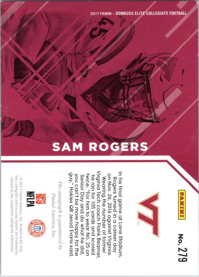 2017 Elite Draft Picks Virginia Tech Autographs #279 Sam Rogers Auto ...