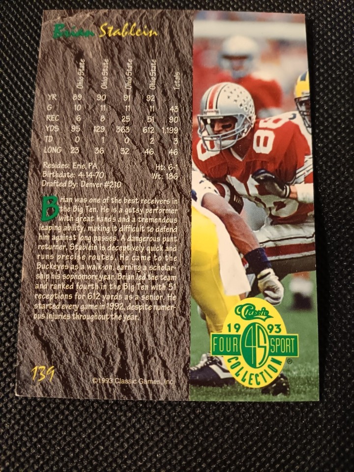 1993 BRIAN STABLEIN CLASSIC 4 SPORT NFL ROOKIE CARD RC #139 DOLPHINS ...