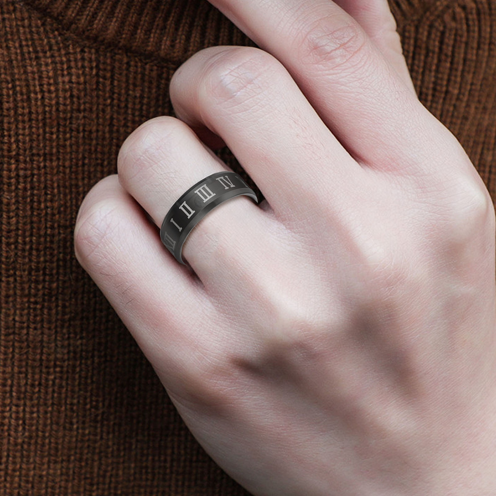 Black Ring Number Design Finger Jewelry Luxury Roman Number Band Ring ...