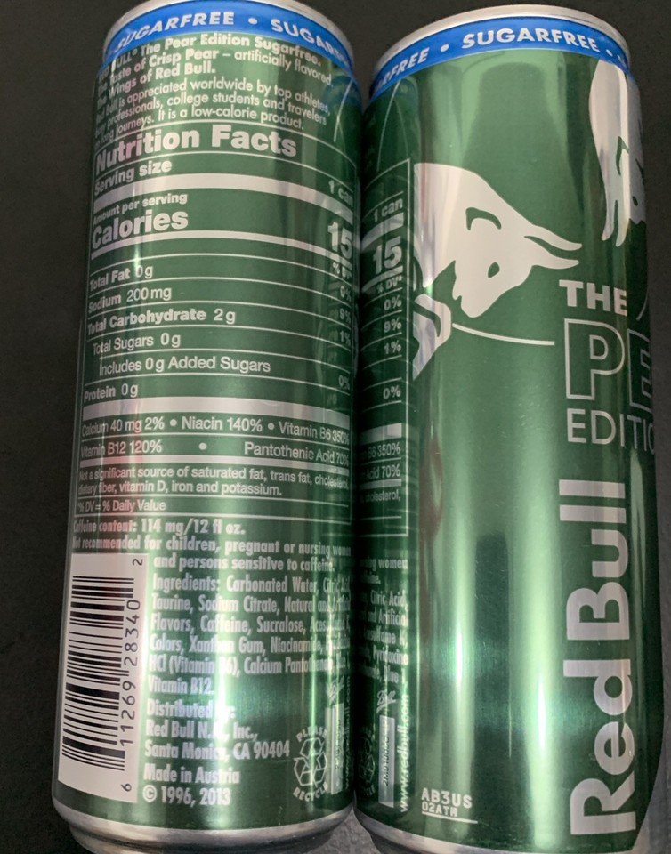 2 Cans Red Bull Sugar Free Crisp Pear Edition 12 fl oz Energy Drink ...