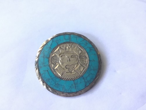 Large Mexican Sterling Silver Aztec Sun Turquoise Pin Brooch Pendant ...