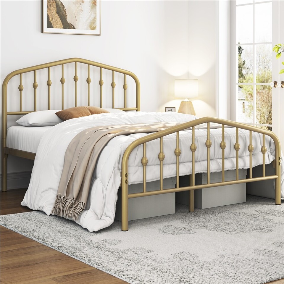 Metal Bed Frame with Arched Headboard and Footboard/Heavy Duty Slat ...