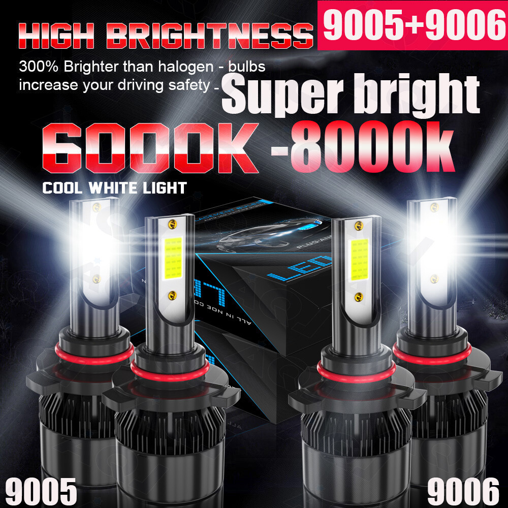 9005 9006 LED Headlights Kit Combo Bulbs 10000K High Low Beam Super ...