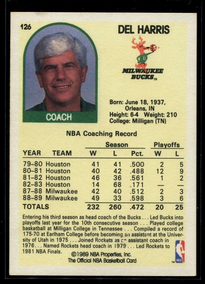1990 NBA Hoops Del Harris Coach #126 Milwaukee Bucks | eBay