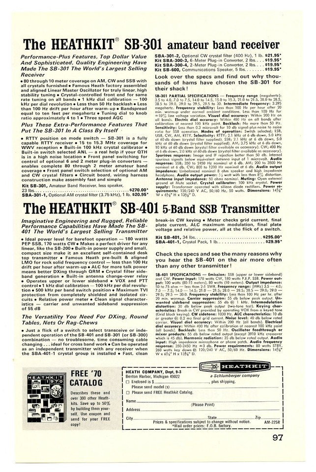 QST Ham Radio Mag. Ad HEATHKIT SB-301 Receiver & SB-401 Transmitter (3/ ...