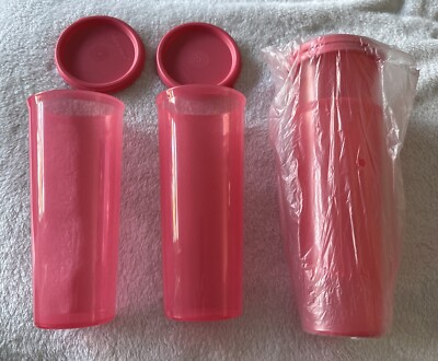 4 Tupperware 16 oz Tumblers Straight Side Sheer Pink w Matching Seals ...