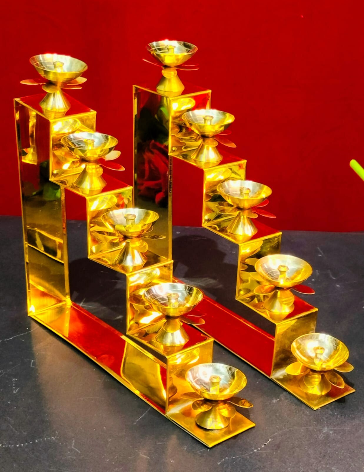 Pure brass 5 steps stair pair with 10 Lotus Diya for festival new year ...