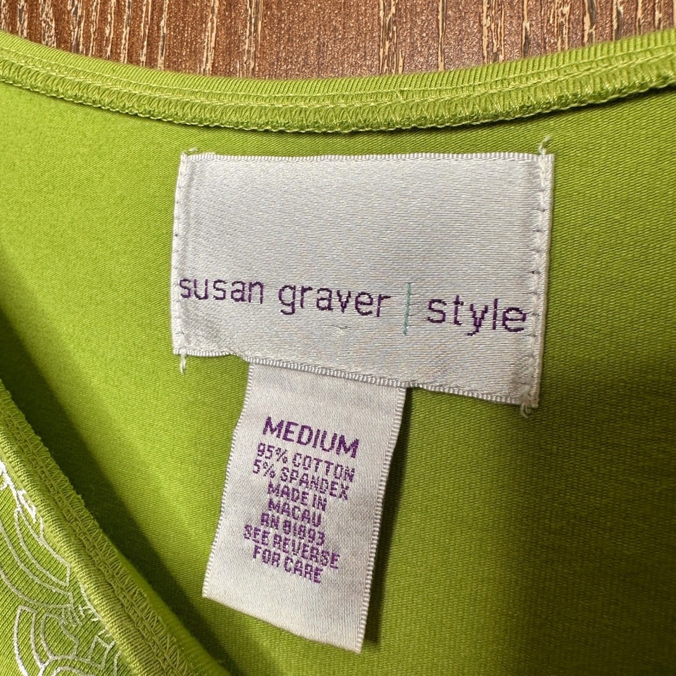 Susan Graver Green Silver Floral 3/4 Sleeve Boat Neck Cotton Spandex ...