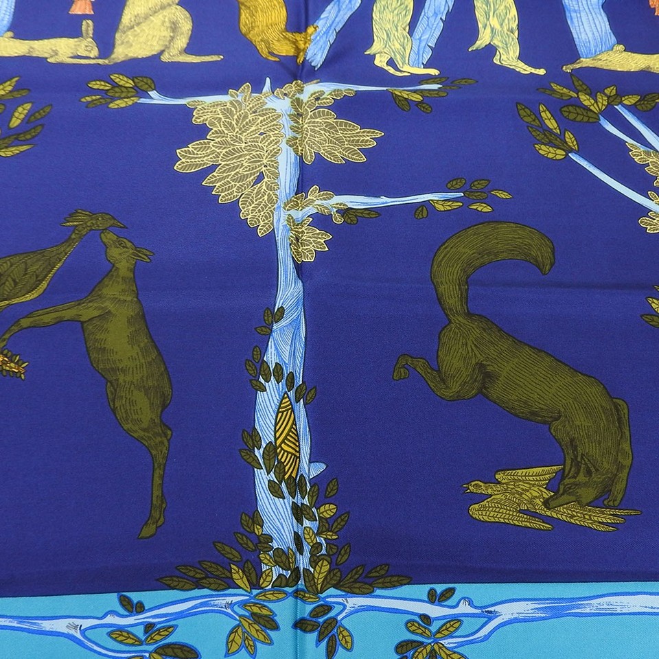 Hermes Carre 90 Silk Large Animal Pattern Scarf Navy Green Women's | eBay