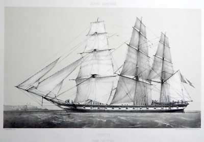 1860 FRENCH CORVETTE SAILING - Striking Original Antique Litho by F ...