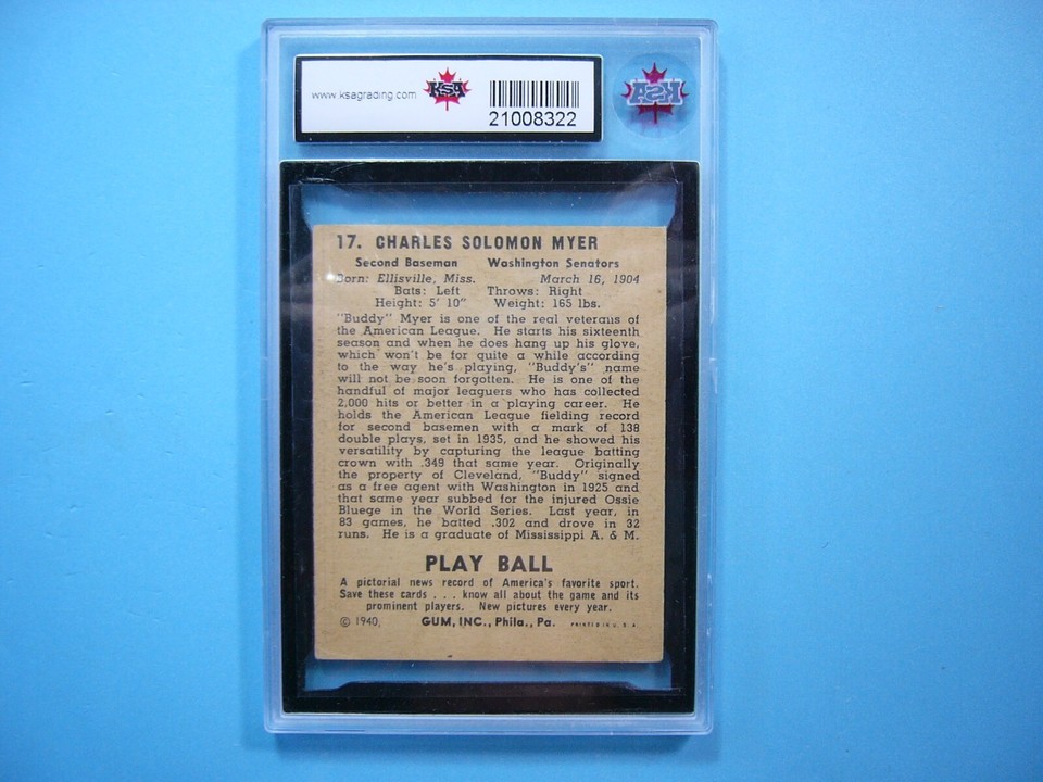 1940 PLAY BALL GUM INC. MLB BASEBALL CARD #17 CHARLES BUDDY MYER KSA 5 ...