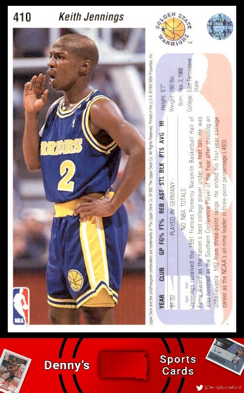 1992 Upper Deck #410 Keith Jennings Golden State Warriors Basketball ...