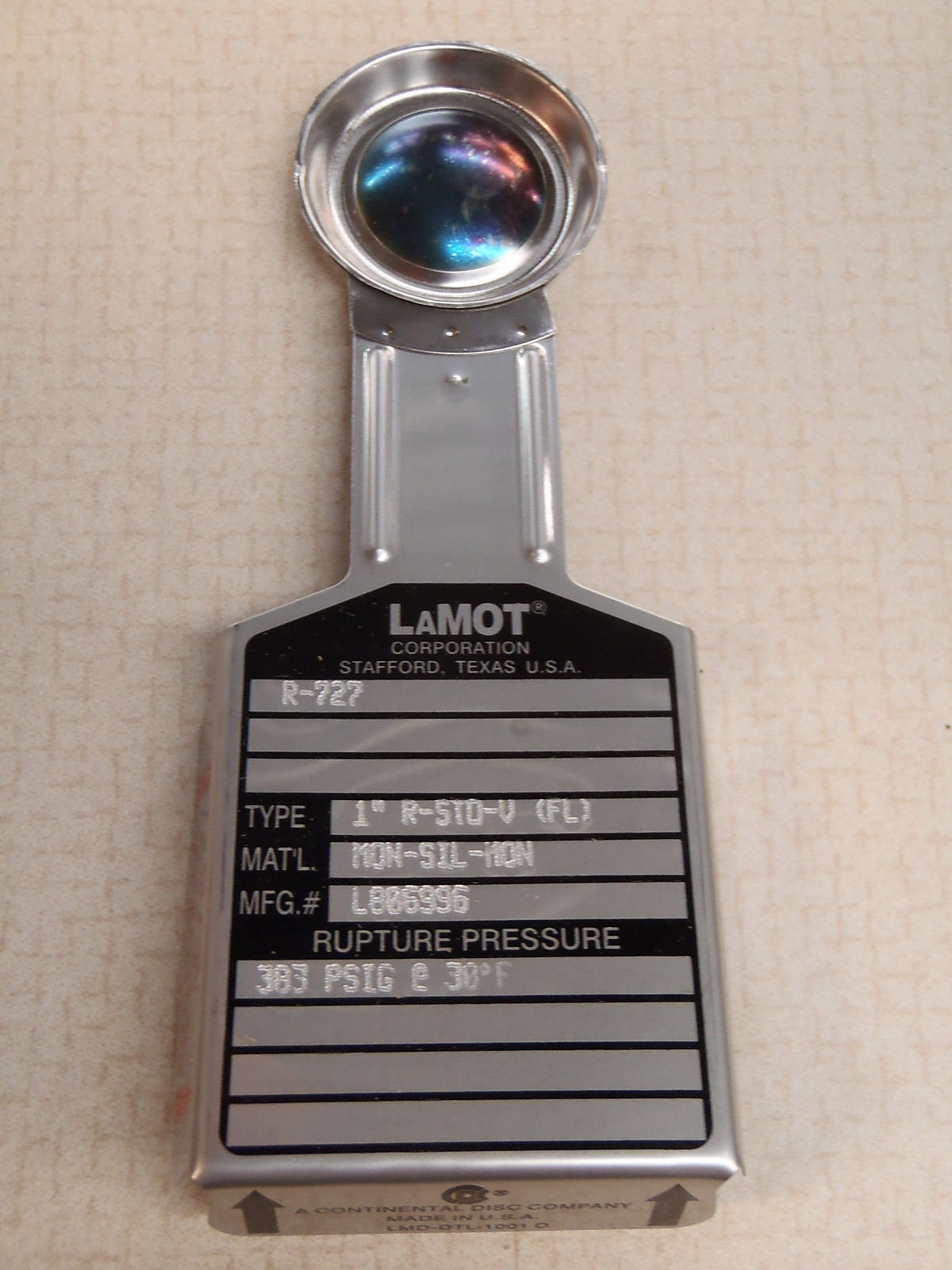 LaMOT Corporation 1" Rupture Disk R-STO-V Rupture Pressure 383PSI 38F ...