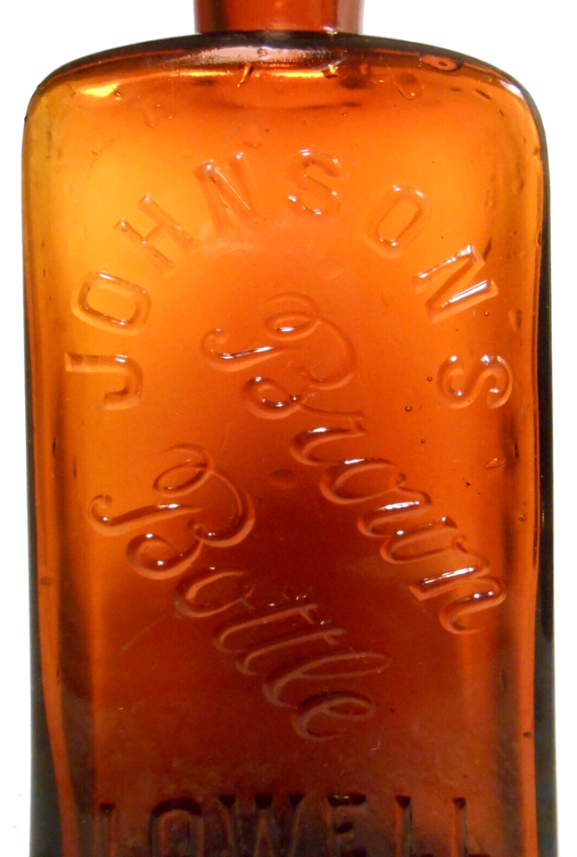 SCARCE 'JOHNSON'S BROWN BOTTLE' LOWELL, MASS ANTIQUE AMBER GLASS ...