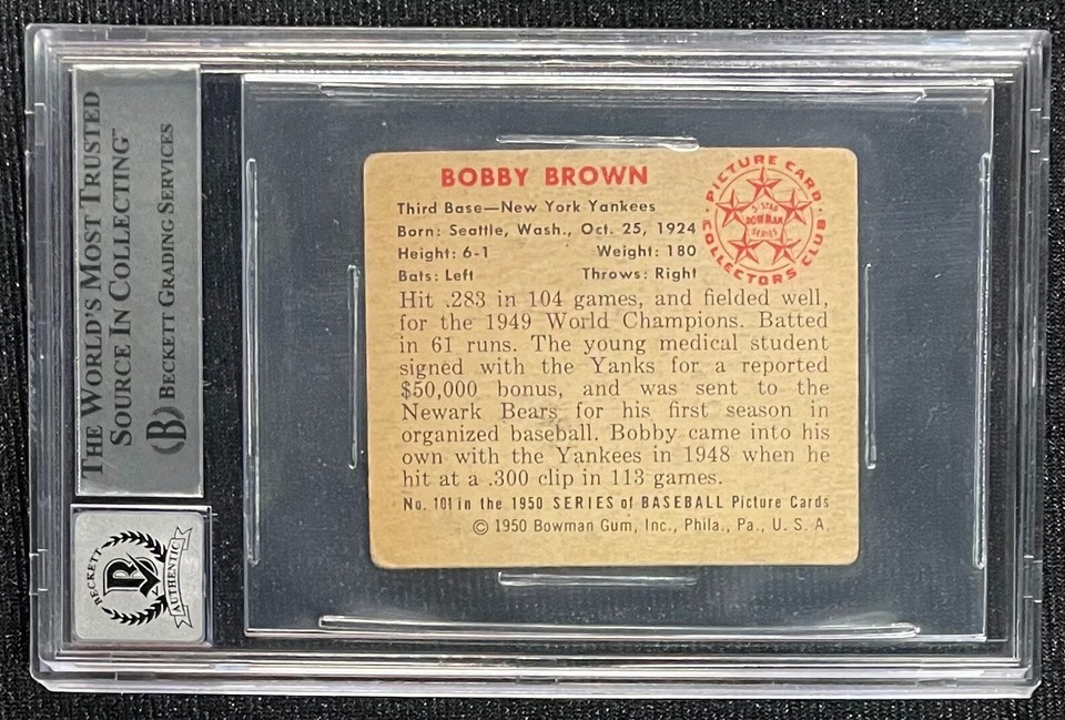BOBBY BROWN SIGNED 1950 BOWMAN NEW YORK YANKEES #101 BECKETT AUTO GRADE ...
