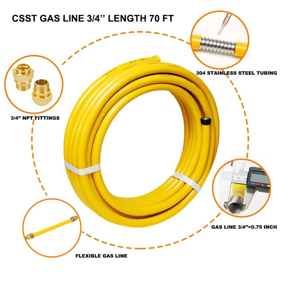 CSST Corrugated Stainless Steel Tubing 70 Ft 3/4" Flexible Natural Gas ...
