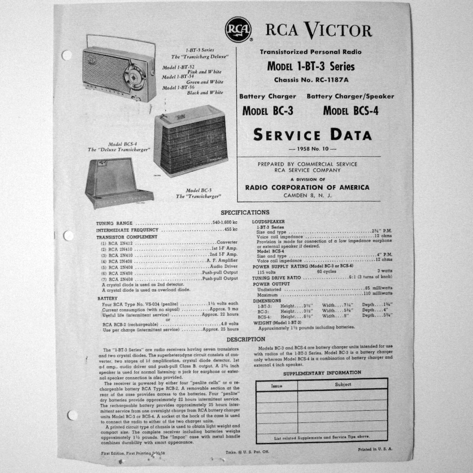 RCA Victor ® Models 1-BT-3 1-BT-32 1-BT36 Portable Radio Service Manual ...