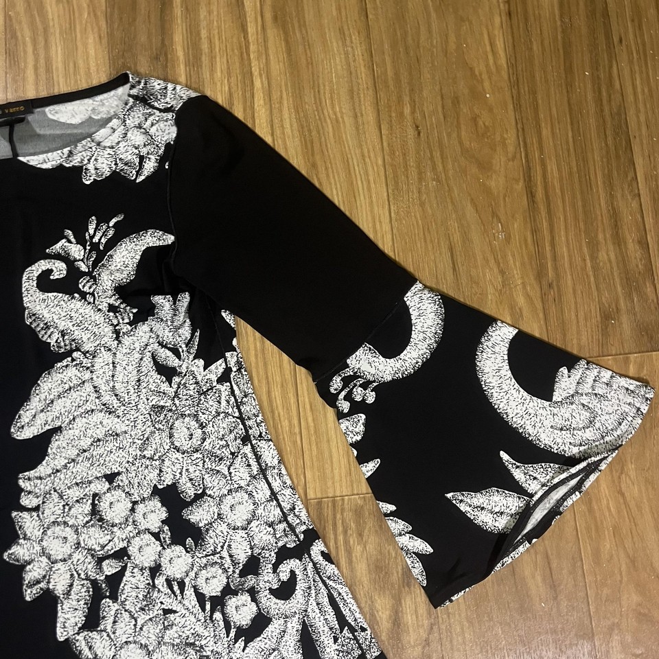 Eva Varro Tunic Top Womens Black White Baroque Floral Peacock Bell ...