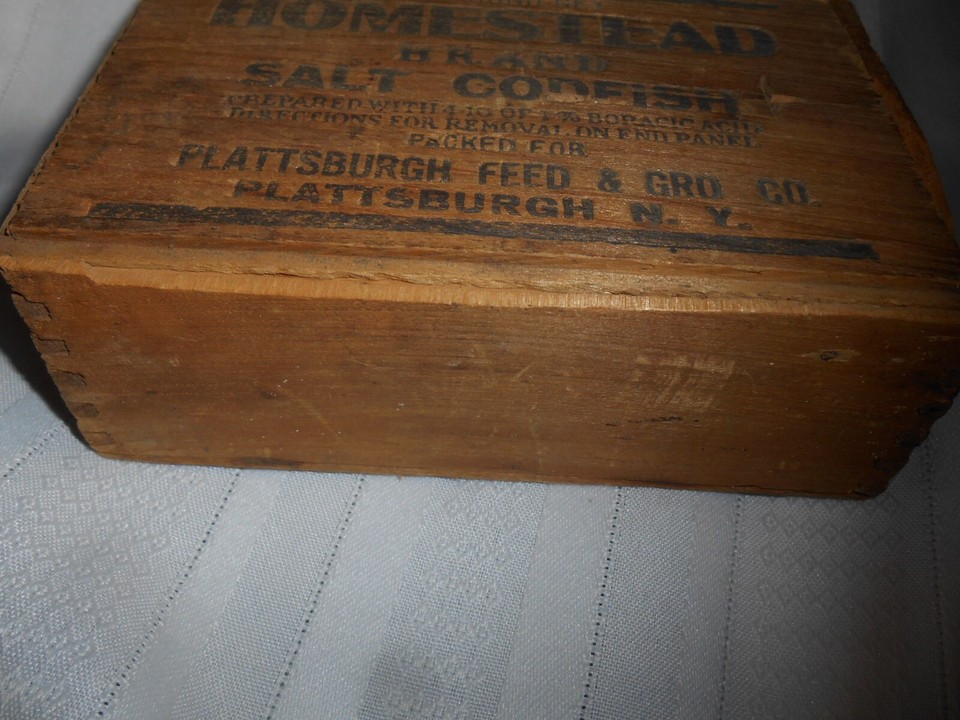 Vintage Homestead Brand Salt Codfish Dovetail Wooden Box. Plattsburgh N ...