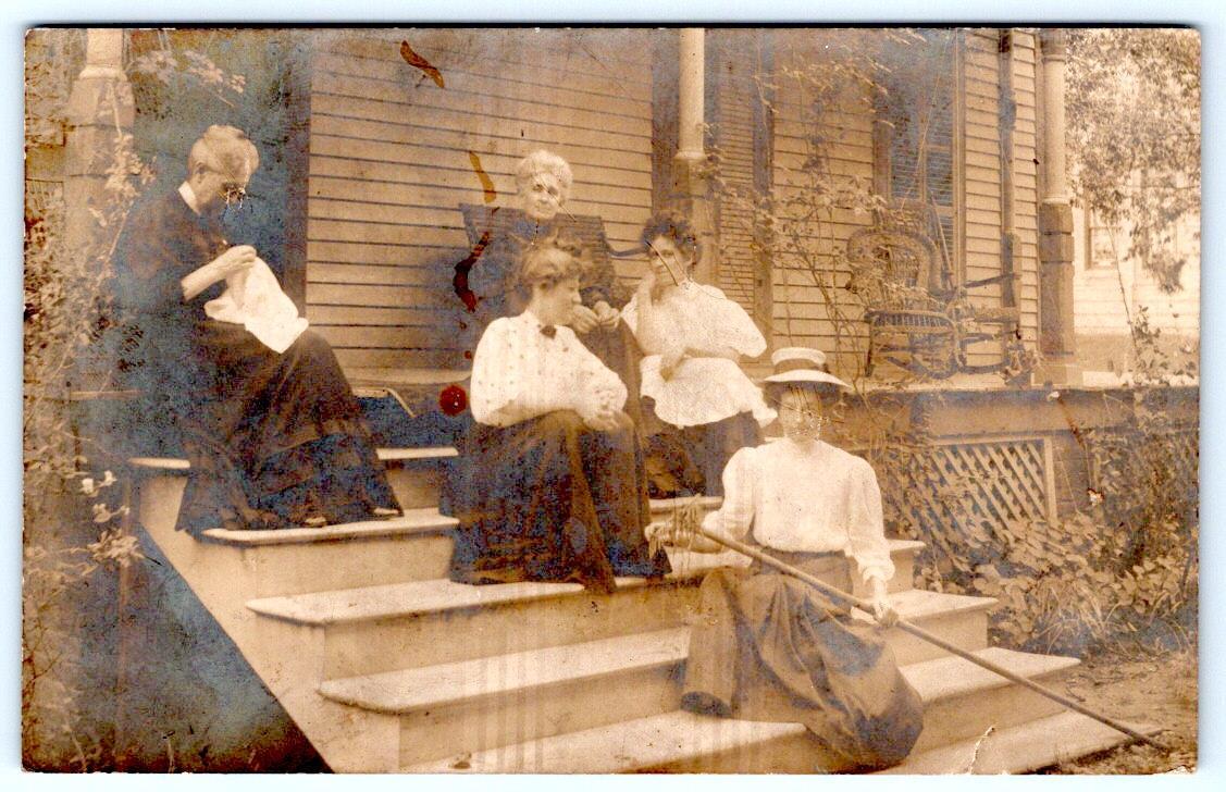 RPPC SENT TO MAYFIELD KENTUCKY*WOMEN ON PORCH*SEWING*RAKE*WICKER ROCKER ...