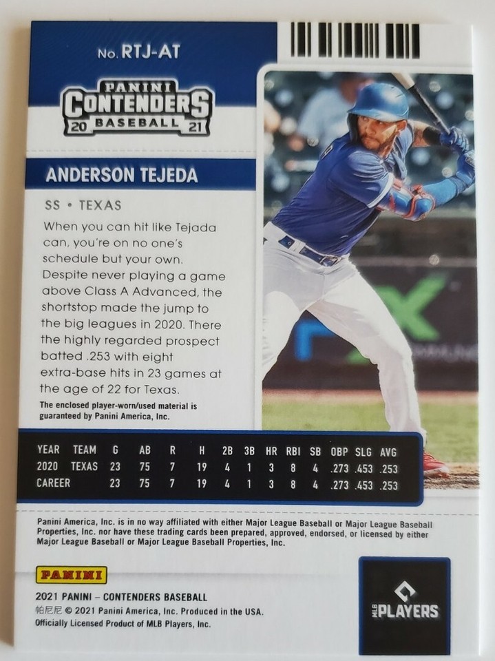 2021 Panini Contenders Rookie Ticket Anderson Tejada Rangers Patch RTJ ...