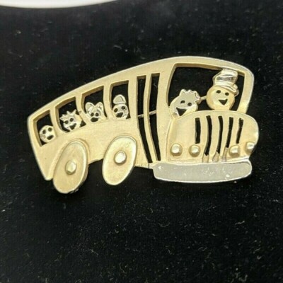 School Bus Brooch Pin Gold Tone With Driver And Children Smiling ...