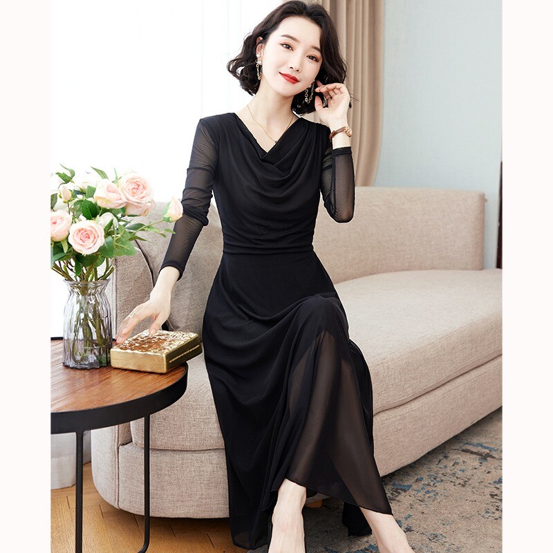 Women Mesh Dress Pleated Long Sleeve Midi Dress A-line Party Half Dress ...