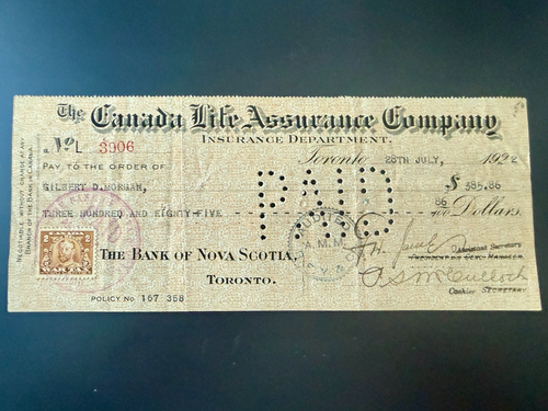 1922 Canada Life Assurance Company Cancelled Bank Checks / War Tax ...