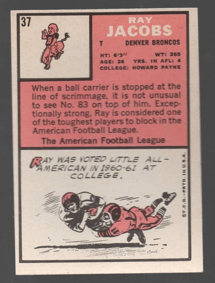 1966 Topps Football Card # 37 Ray Jacobs - Denver Bronco EX+ NICE Clean ...