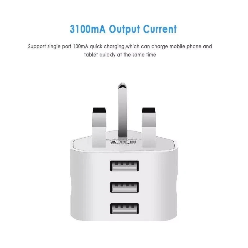 UK 3 Pin Dual USB Plug Adapter Mains Wall Charger 1/2/3-Port For Phones ...