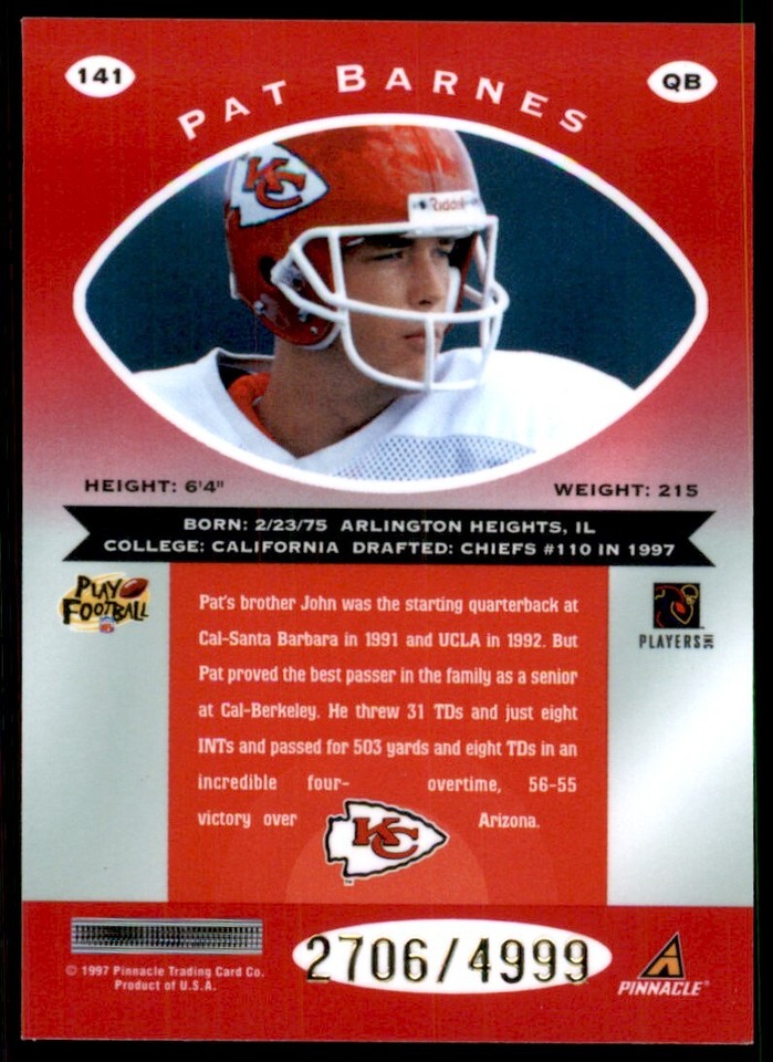 Pat Barnes 1997 Pinnacle Totally Certified Platinum Red Rookie #141 / ...