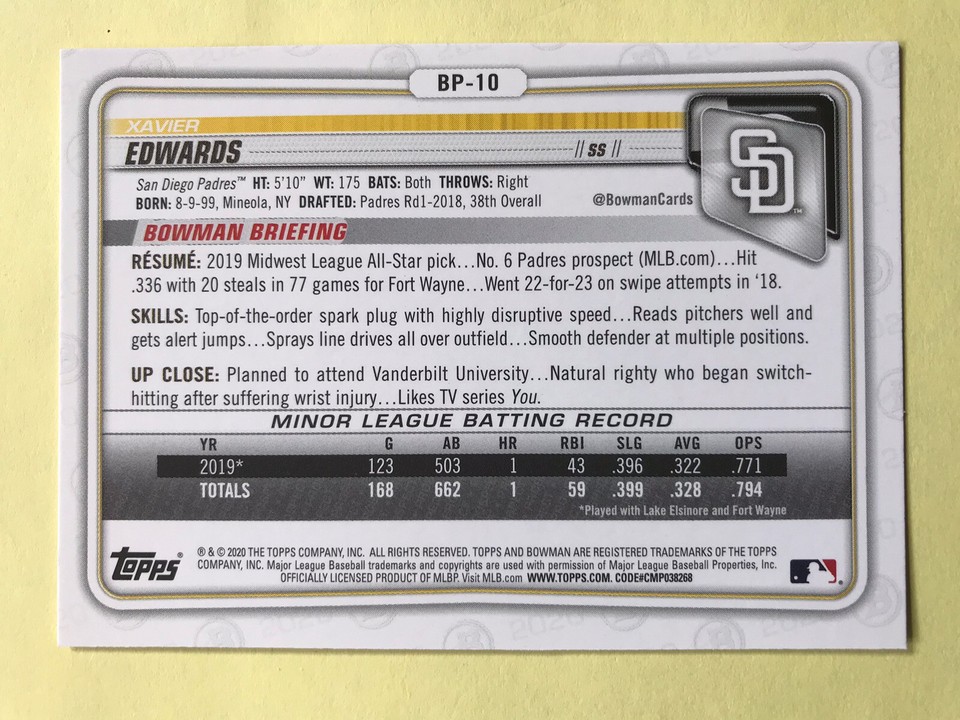 2020 Bowman XAVIER EDWARDS Rookie Card RC Tampa Bay RAYS #BP-10 | eBay