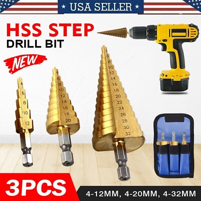 3PCS HSS Steel Step Cone Drill Titanium Metal Hole Cutter Bit Set 4-12 ...
