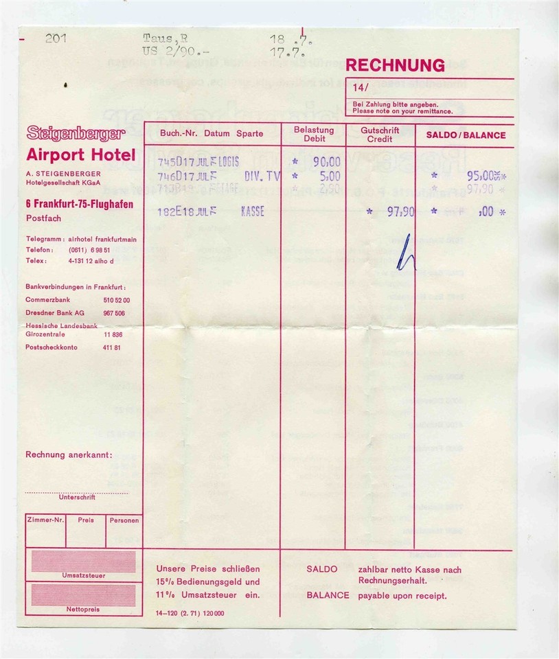 Steigenberger Airport Hotel Guest Receipt & Guest Card Frankfurt ...