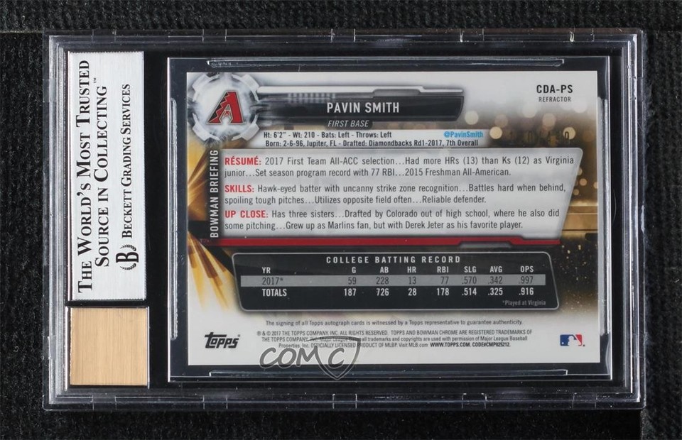 2017 Bowman Draft Chrome Pick Refractor /499 Pavin Smith #CDA-PS BGS 9 ...