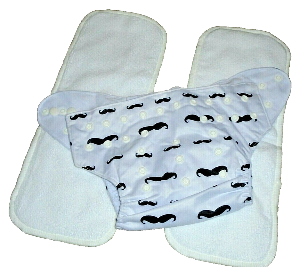 7P NWOT ALVA BABY Mustache Pocket Snap Cloth Diaper with 2 Inserts pads ...