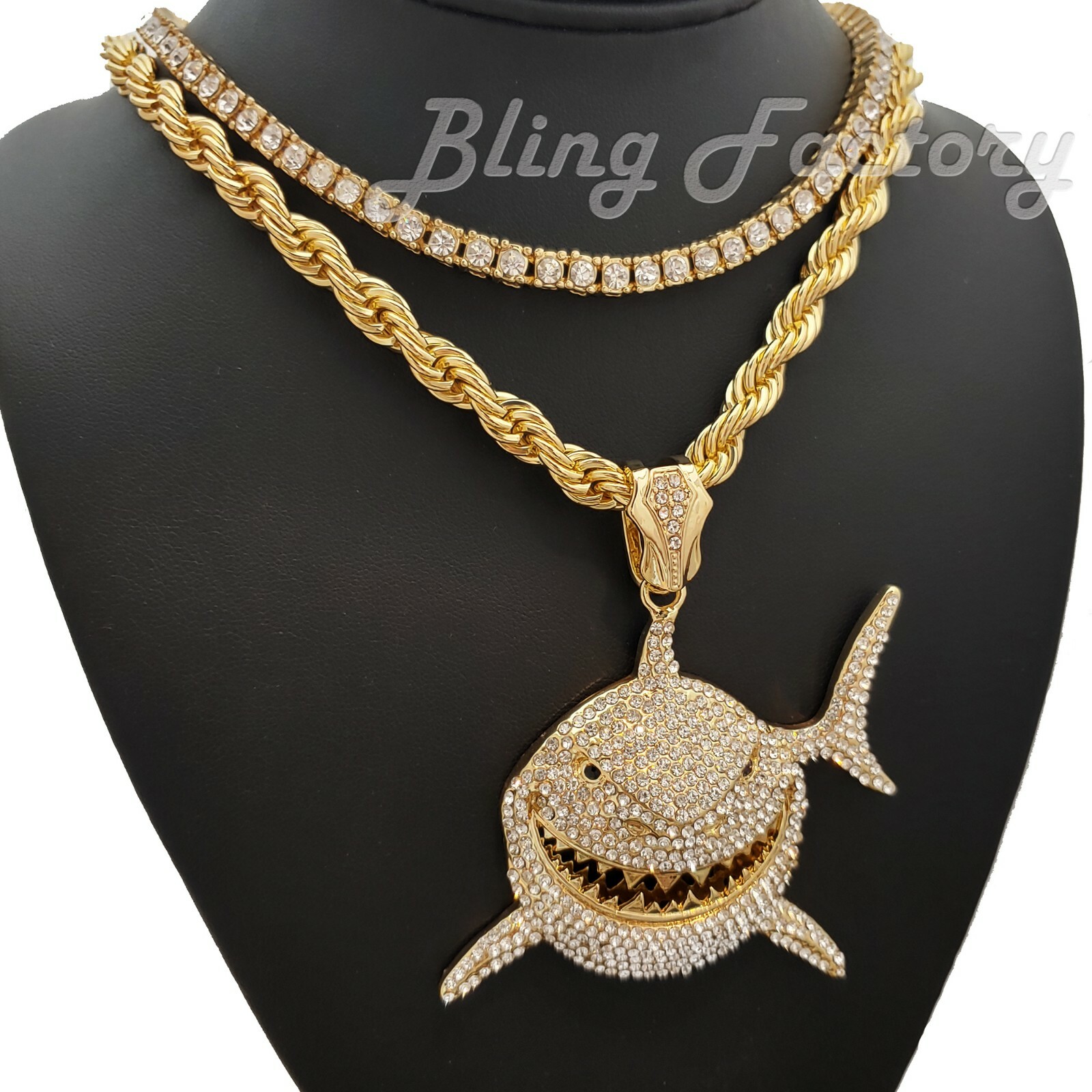 Hip Hop 6ix9ine Large Shark Pendant & 24" Rope Chain & 18" 1 Row Chain ...
