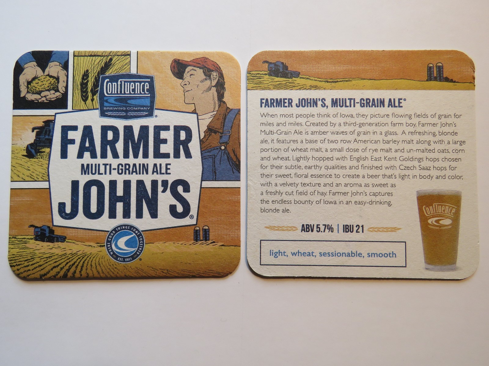 Beer Coaster ~*~ CONFLUENCE Brewing Co Farmer John's Grain Ale ~ IOWA ...