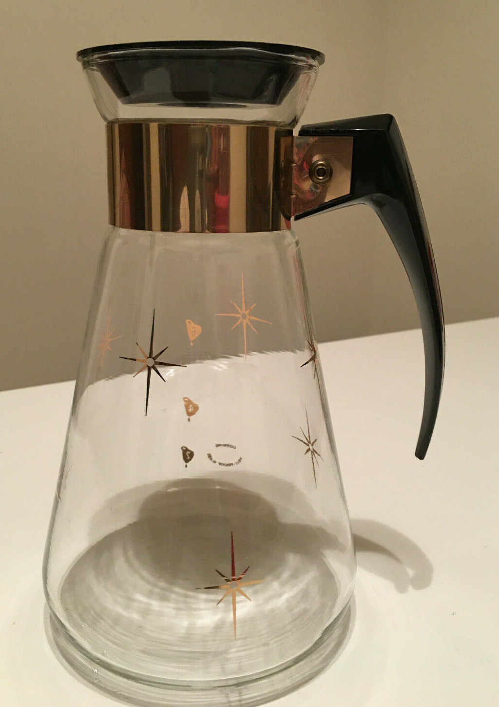 Vtg. Pyrex Gold Atomic Starburst Glass 6-8 Cup Coffee Pot Carafe with ...