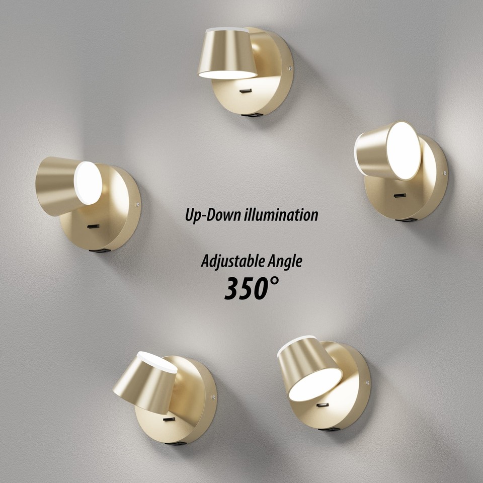 Wall Light Set Of Two Led Wall Sconce With On/off Switch Usb Charging ...