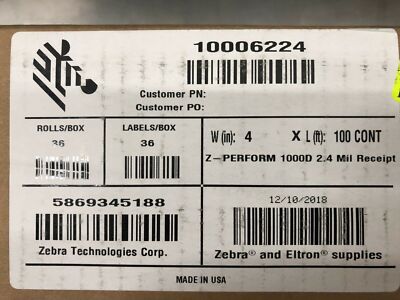 Zebra 10006224 Receipt Paper 4in x 100ft White Direct Thermal Z-Perform ...