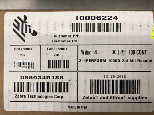 Zebra 10006224 Receipt Paper 4in x 100ft White Direct Thermal Z-Perform ...