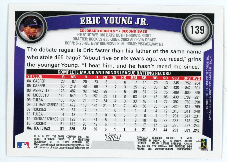 2011 Topps Eric Young Jr Card #139 | eBay