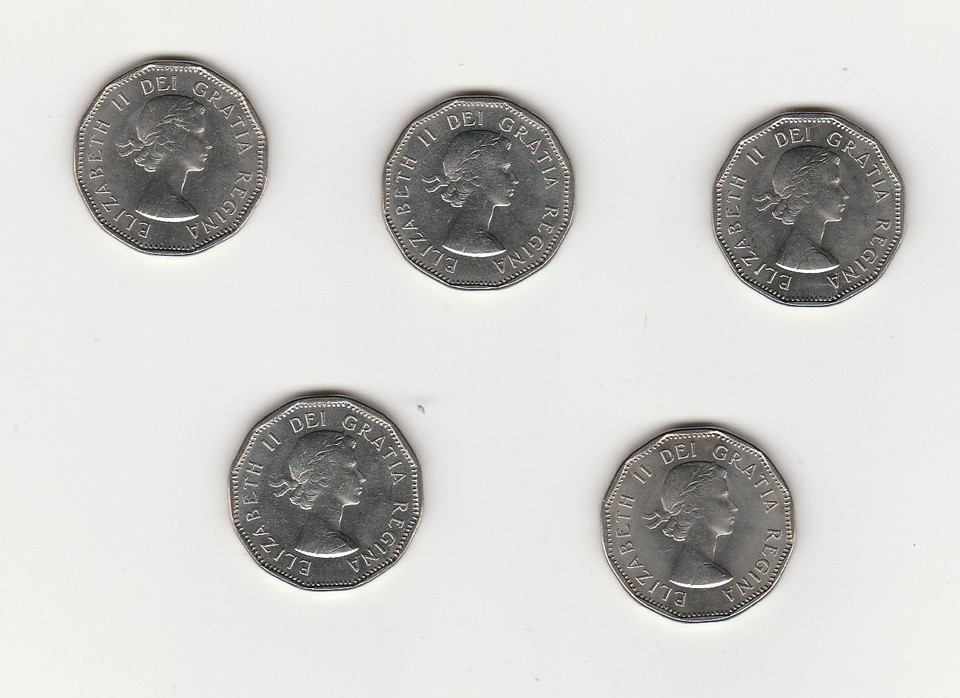 1960 CANADA 5 CENT NICKEL, LOT OF 5, REAL NICE UNCIRCULATED CONDITION ...