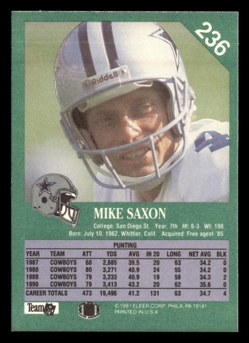 Mike Saxon 1991 Fleer #236 Dallas Cowboys FOOTBALL *074 | eBay