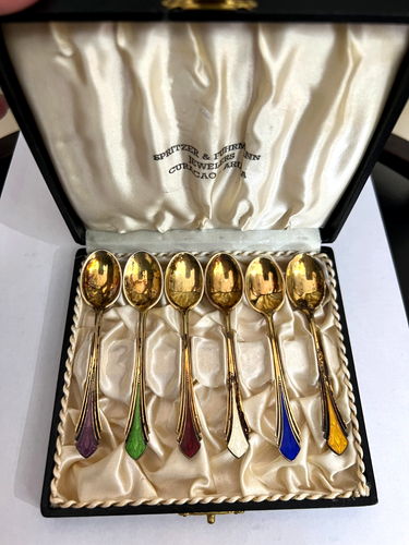 VINTAGE SET OF 6 MEKA DENMARK ENAMEL & STERLING SILVER DEMITASSE SPOONS ...