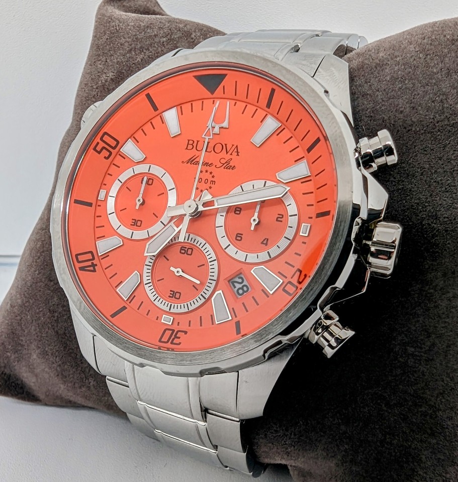 Bulova Orange Dial Marine Star Silver Tone Stainless Steel Men's Watch ...