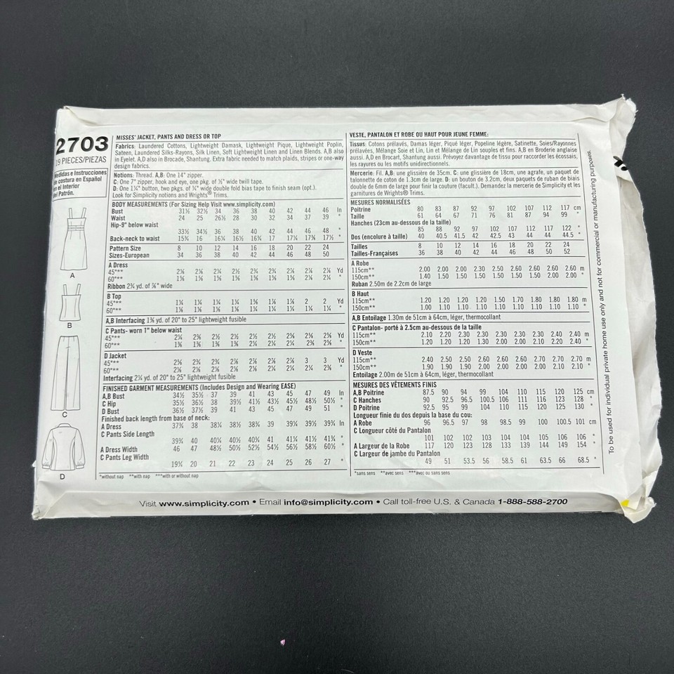 Simplicity 2703 Threads Magazine Dress Top Jacket Pants Uncut Sz 8-16 ...