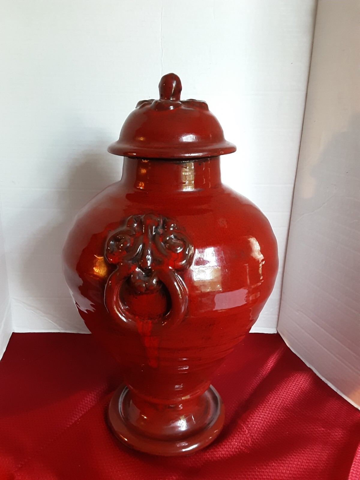Collectible Red Ceramic Urn with Design on side and Decorated Lid 18 ...