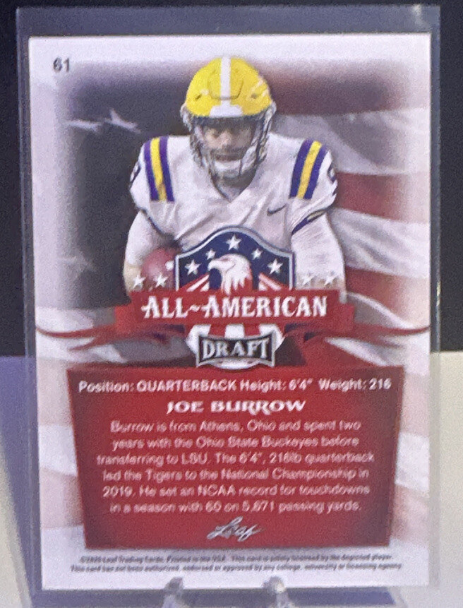 JOE BURROW ROOKIE CARD 2020 Leaf Draft All American #61 RARE RED ...